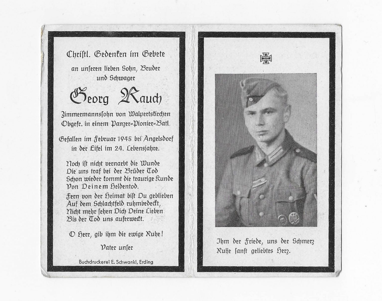 Angelsdorf death card Panzer-Pionier Georg Rauch, EK2, ASA, VWA and OST ...