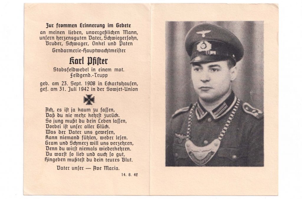 Feldgendarmerie deathcard to Karl Pfister KIA Rshew 31.7.42 – fjm44