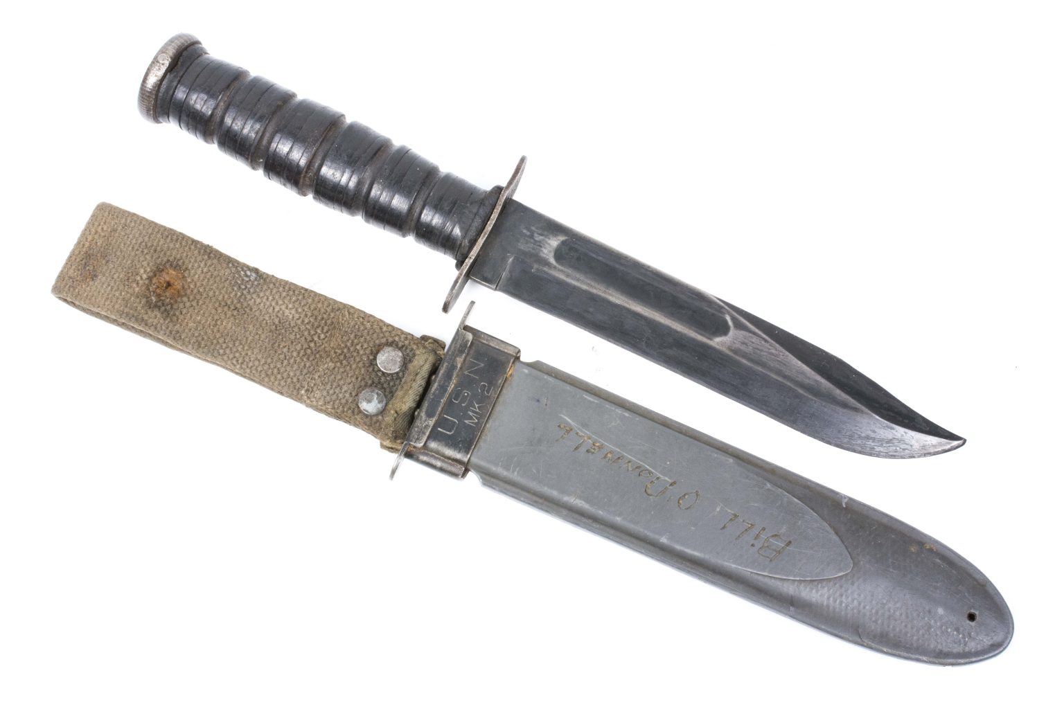 Camillus USN MARK 2 Ka-Bar fighting knife with named USN scabbard – fjm44