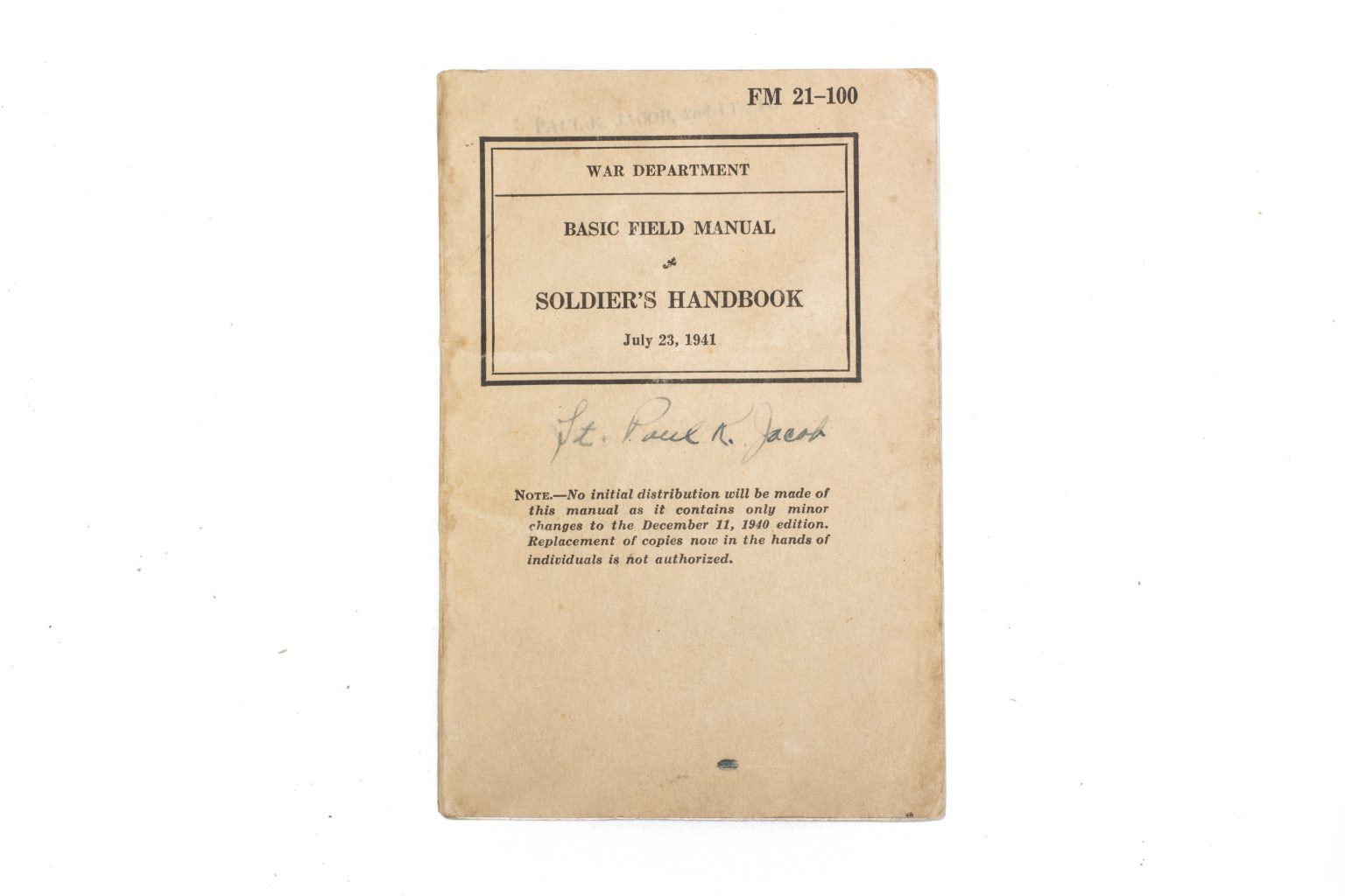 US Basic field manual soldier’s handbook named 2nd LT. Paul R. Jacob ...